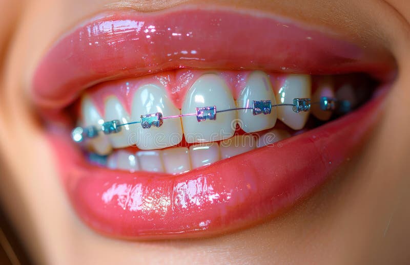 Woman Smiles with Braces. a Closeup of the Mouth and Teeth with Braces ...