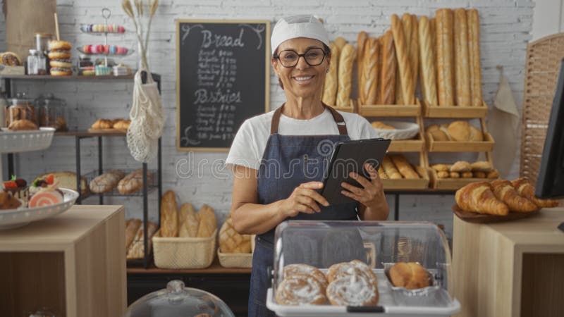 Woman Smiling in a Bakery Holding a Tablet with Bread and Pastries in ...