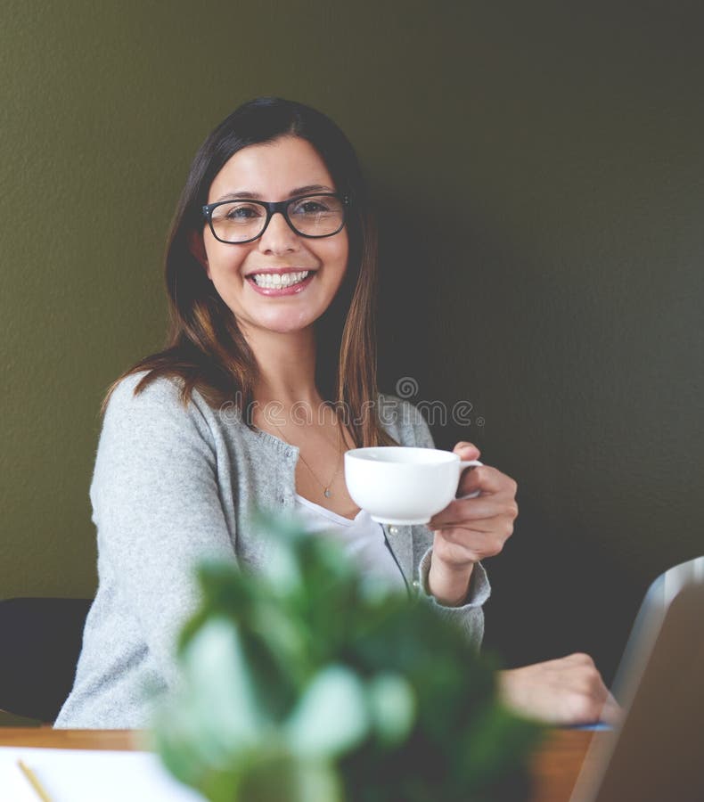 Woman Smiling and Drinking Coffee. Stock Photo - Image of eyeglasses ...