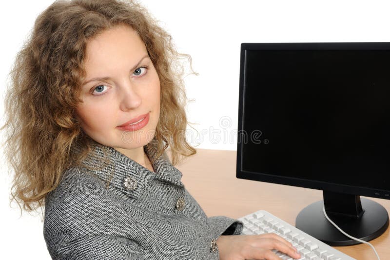 Woman Smiling in Front of Her Computer Stock Image - Image of monitor ...