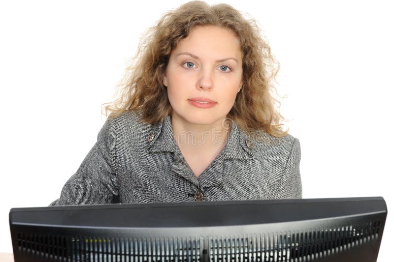 Woman Smiling in Front of Her Computer Stock Photo - Image of business ...