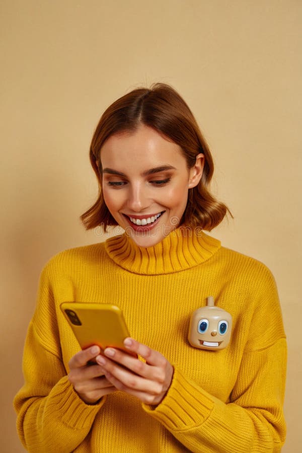 Woman Smiling with Robot Accessory while Using Smartphone Editorial ...