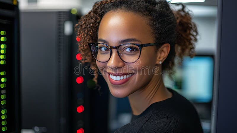 Woman Smiling in Server Room, Showcasing Her Confidence and Expertise ...