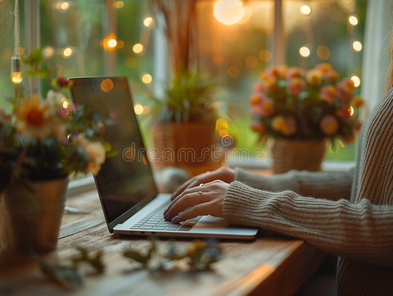 Woman, Smiling Student Using Laptop Computer Sitting on Chair in Cafe ...