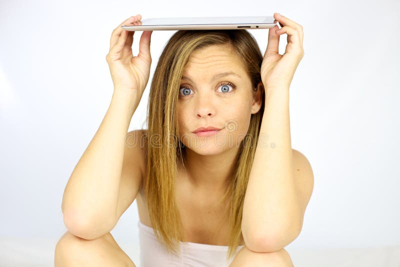 Woman Smiling with Tablet on Her Head Stock Photo - Image of female ...