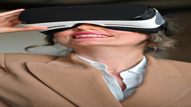 Woman Smiling while Using a Virtual Real Stock Footage - Video of tech ...