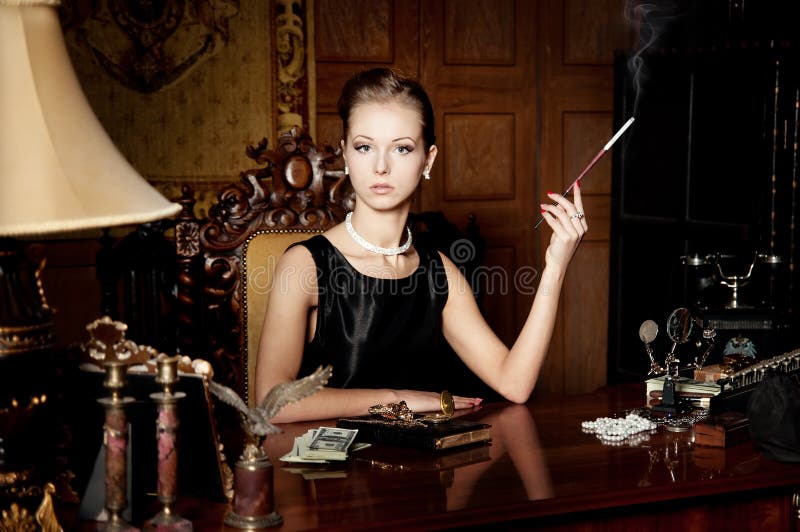 Woman, Smoke with Cigarette Holder, Retro Style Stock Image - Image of ...