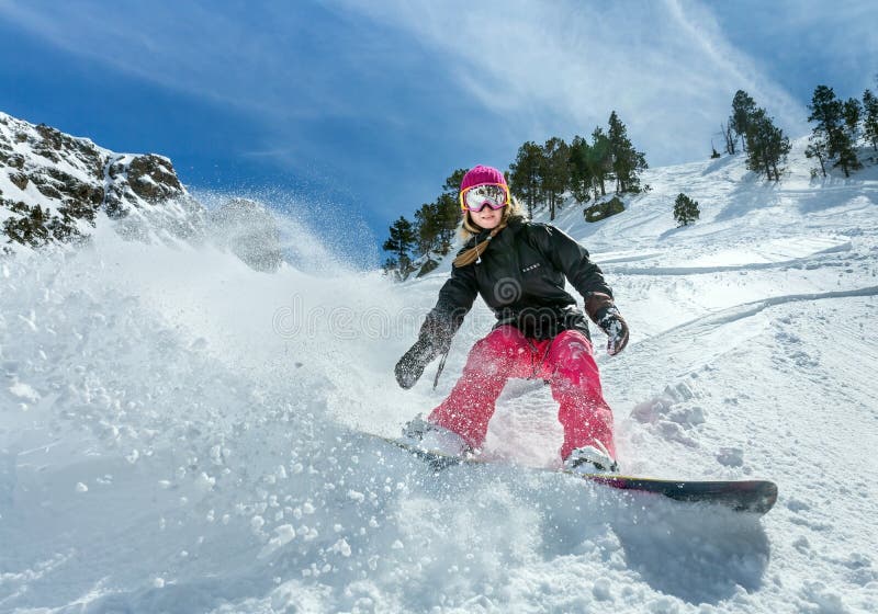 Woman Snowboarder in Motion in Mountains Stock Image - Image of extreme ...