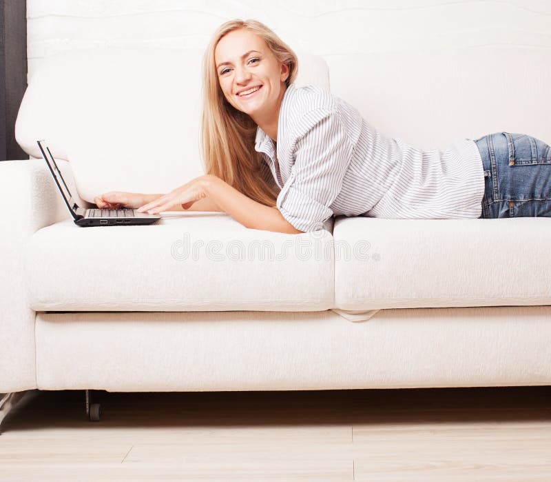 Woman on the Sofa with Laptop Stock Photo - Image of caucasian ...