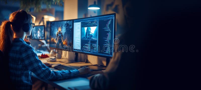 A Woman Software Engineer Working in an Office Setting, Developing a ...