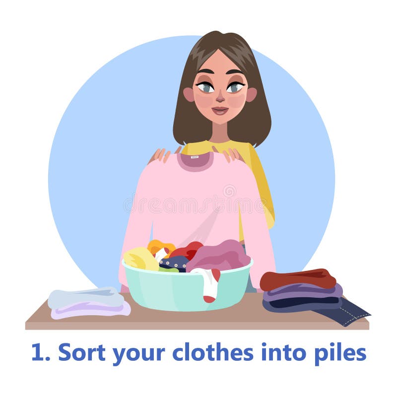 Woman Sort Clothes in Pile of Different Color Stock Vector ...