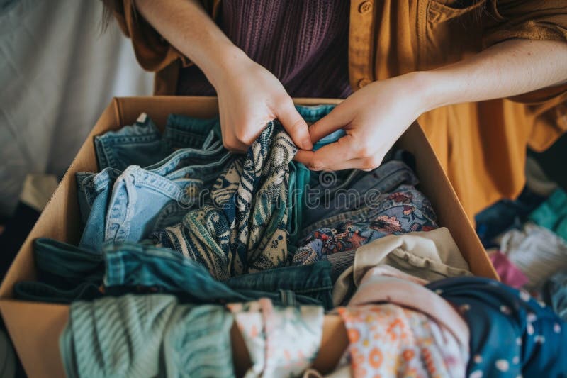 A Woman is Sorting through a Box of Clothes Stock Image - Image of ...