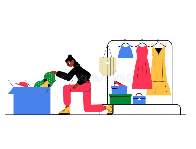 Woman Sorting Clothes in Flat Vector Illustration Symbolizing Wardrobe ...