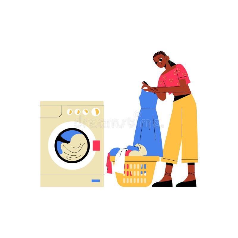 Woman Sorting Laundry Next To Washing Machine and Basket in Flat Vector ...