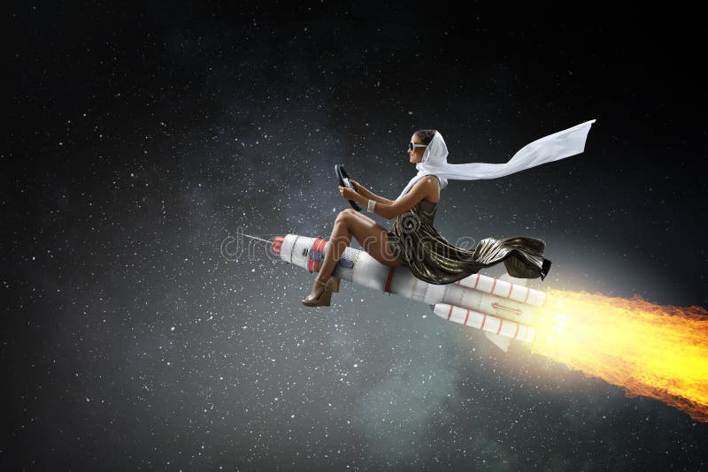 Woman on Space Rocket . Mixed Media Stock Photo - Image of travel ...