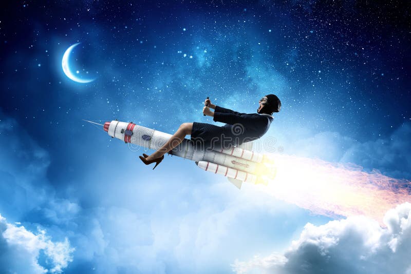 Woman on Space Rocket . Mixed Media Stock Photo - Image of student ...