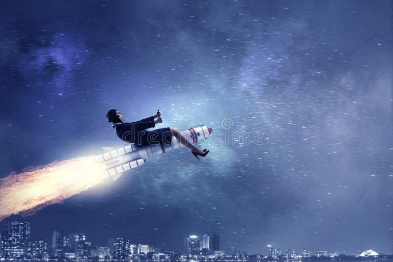 Woman on Space Rocket . Mixed Media Stock Photo - Image of young ...