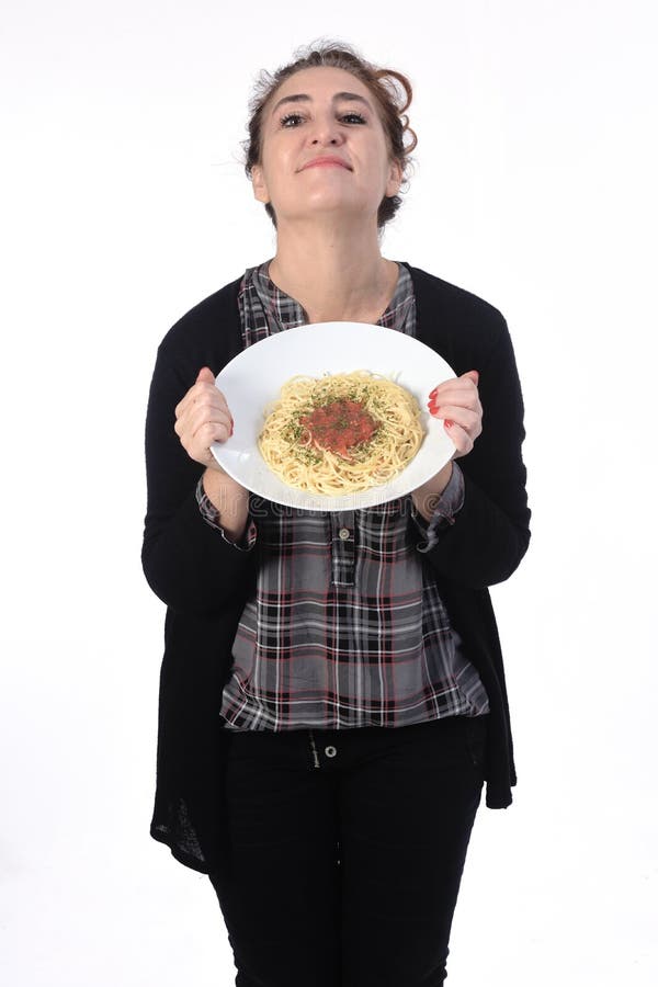 Woman with Spaghetti on White Background Stock Photo - Image of mouth ...