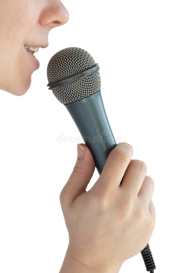 Woman Speaks into a Microphone, Close-up, Isolated on White Stock Photo ...