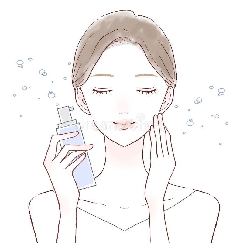 Woman Sprinkled with Mist Type Lotion on Face. on a White Background ...