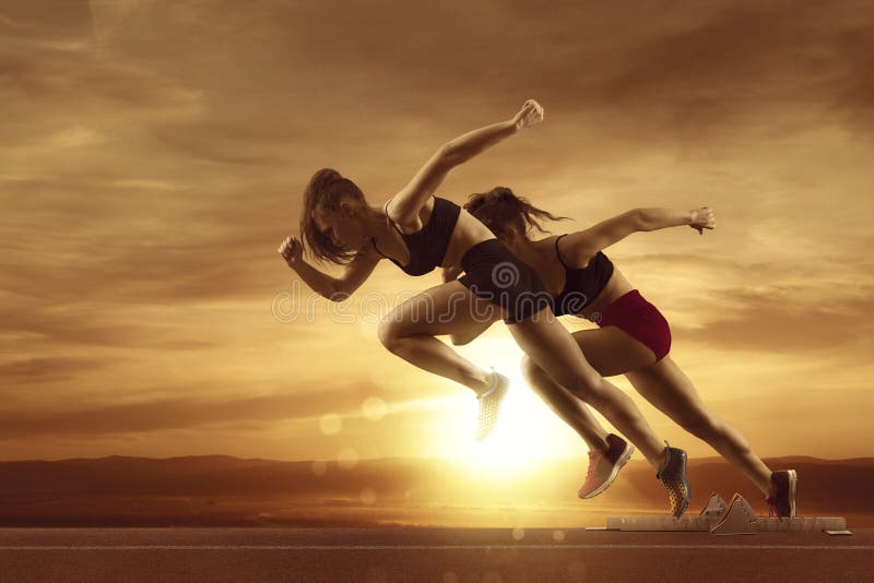 Woman Sprinter Leaving Starting Blocks Stock Photo - Image of start ...