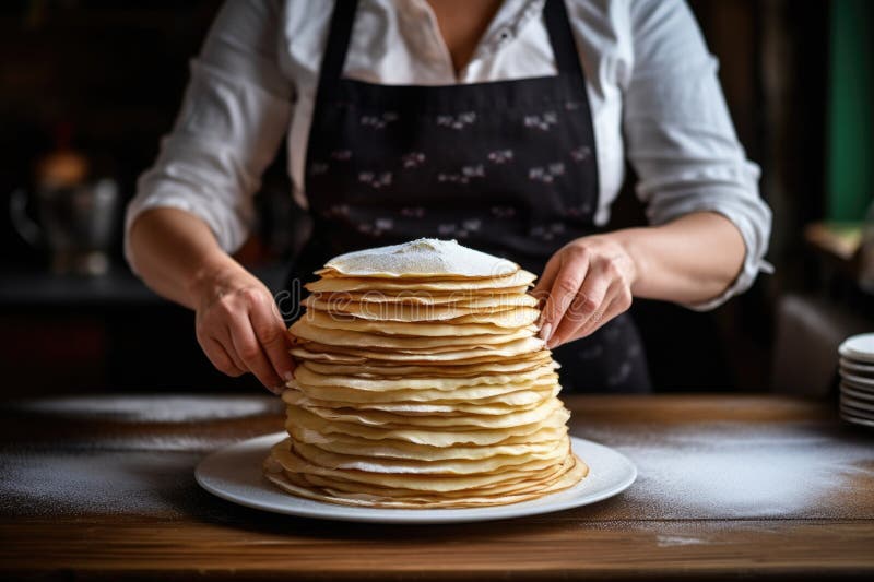 Woman Stacking Freshly-made Pancakes on a Plate Stock Photo - Image of ...