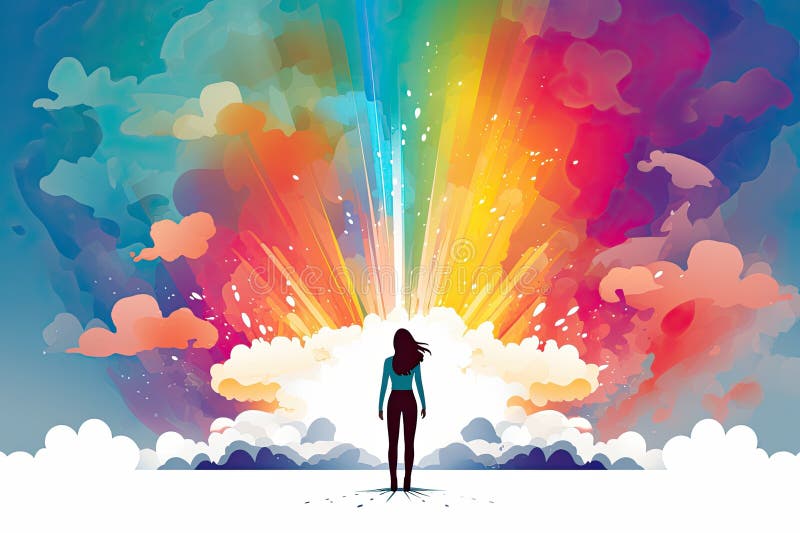 Woman Stand in Front of Colorful Rainbow Cloud AI Generated Stock ...