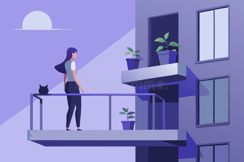 Woman Standing Alone on the Balcony Looking at the Sleeping City at ...