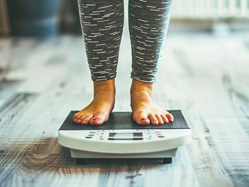 A Woman Standing on a Bathroom Scale with Her Feet on the Scale Stock ...
