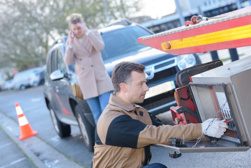 Woman Standing by Breaking Down Car and Calling Stock Photo - Image of ...