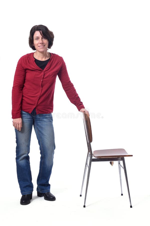 Woman Standing with a Chair in White Background Stock Photo - Image of ...