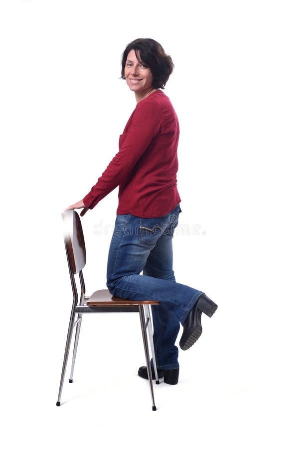 Woman Standing with a Chair in White Background Stock Photo - Image of ...