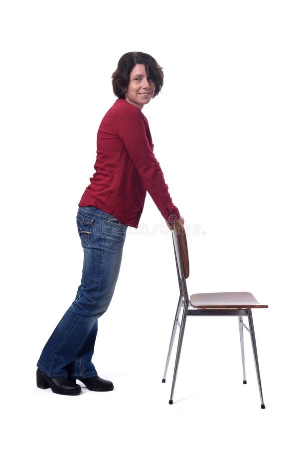 Woman Standing with a Chair in White Background Stock Image - Image of ...