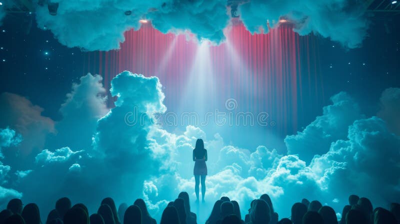 A Woman Standing in a Crowd of People on Clouds, AI Stock Illustration ...