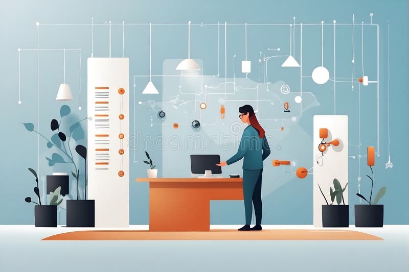 Woman Standing at Desk Working on Computer. Generative AI. Stock ...