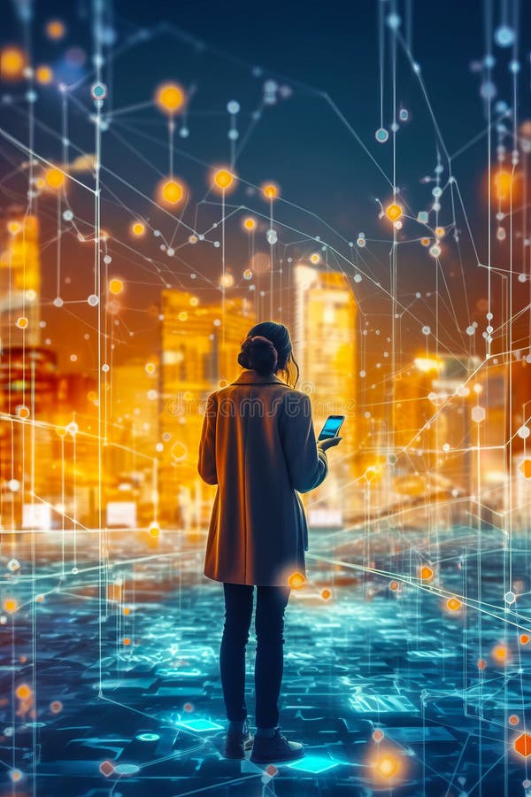Woman Standing in Front of Cityscape Using Cell Phone. Generative AI ...
