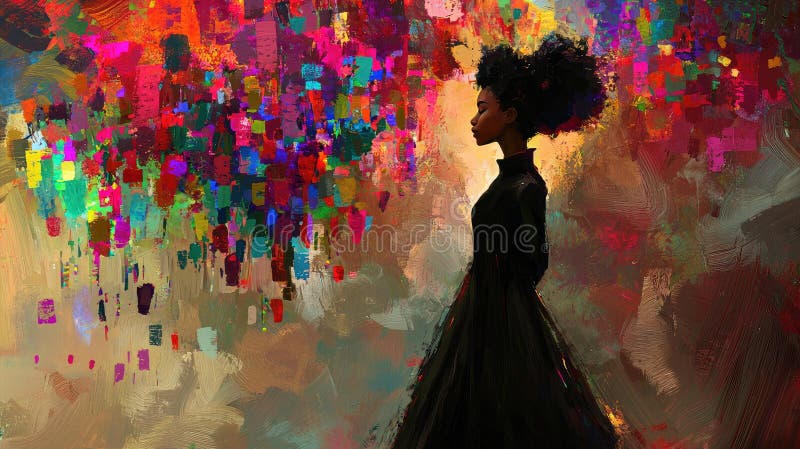 Woman Standing in Front of Colorful Abstract Art Stock Illustration ...