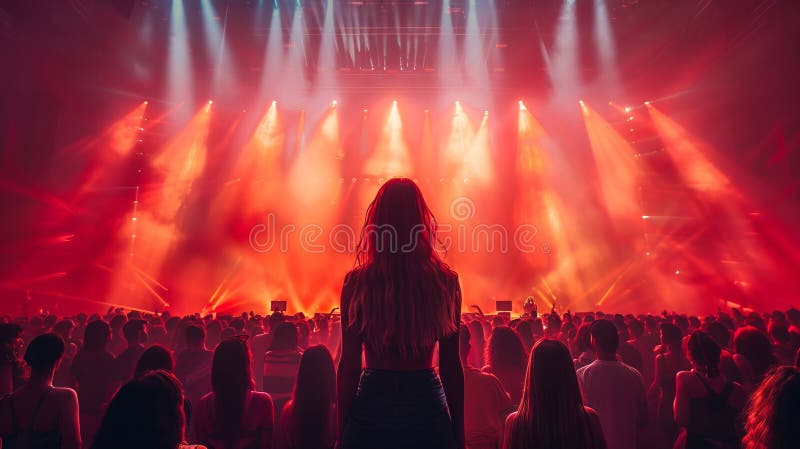 A Woman is Standing in Front of a Concert with Bright Lights Stock ...