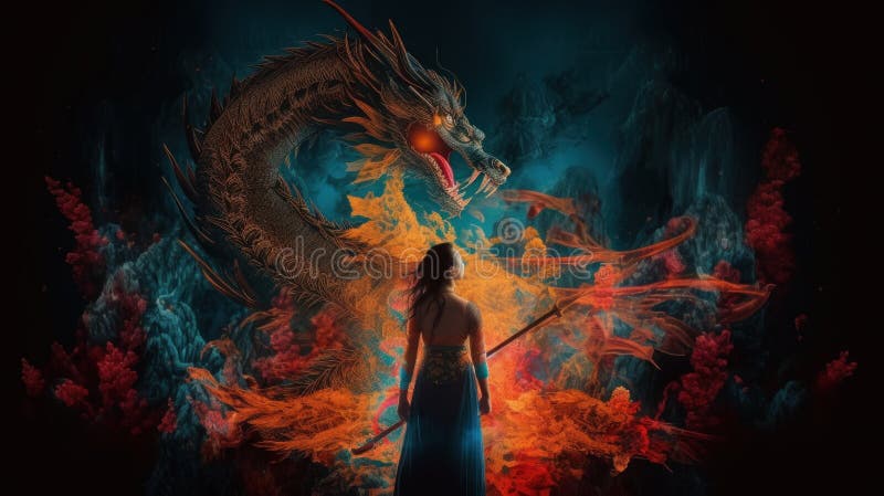 A Woman Standing in Front of a Dragon. Generative AI Image. Stock ...