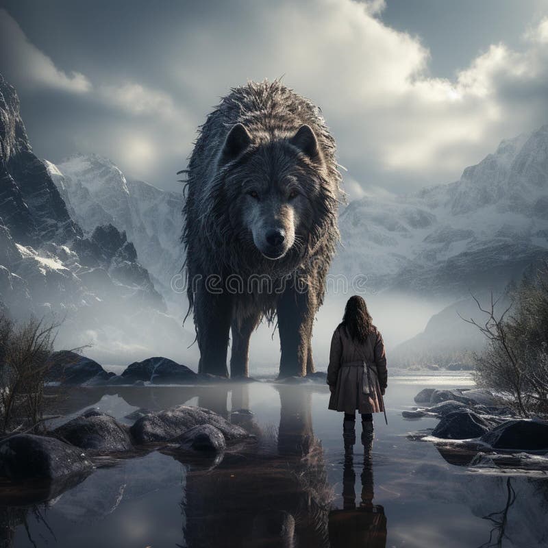 Woman Standing in Front of a Giant Wolf with a Reflection of the Two in ...
