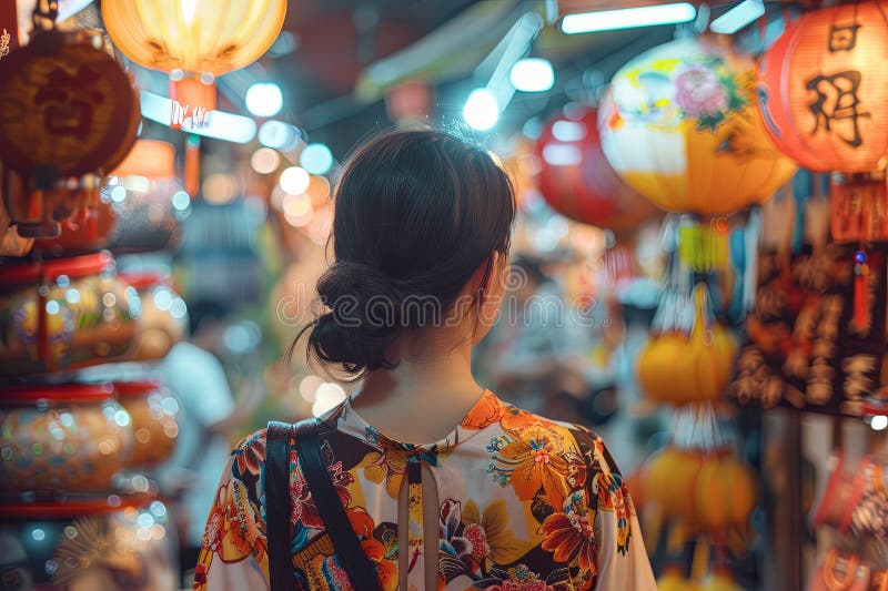Woman Standing in Front of Lantern-Filled Store Stock Image - Image of ...