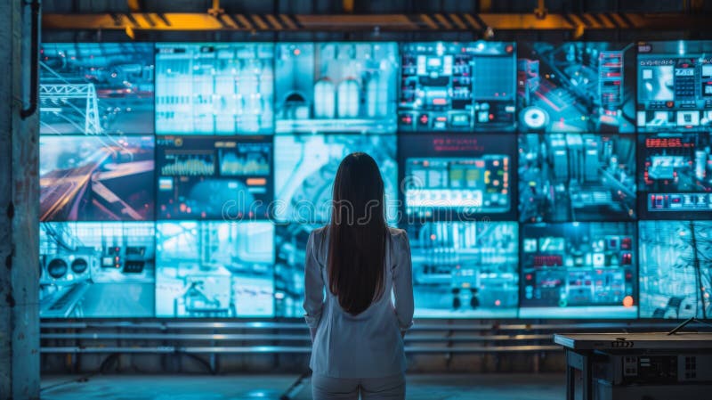 A Woman Standing in Front of a Large Screen with Many Different Screens ...