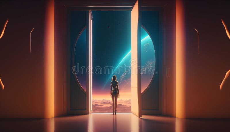 Woman Standing in Front of Open Door. Future Concept Stock Illustration ...