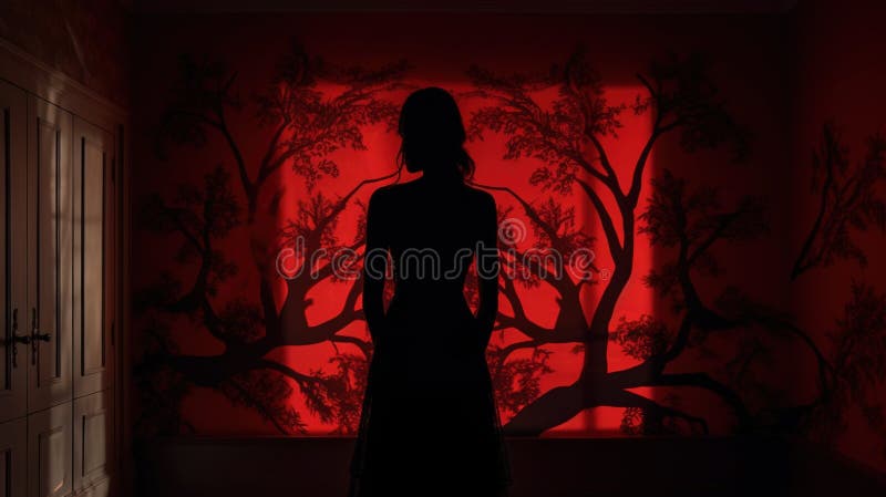 A Woman Standing in Front of a Red Wall with Trees on it Stock ...