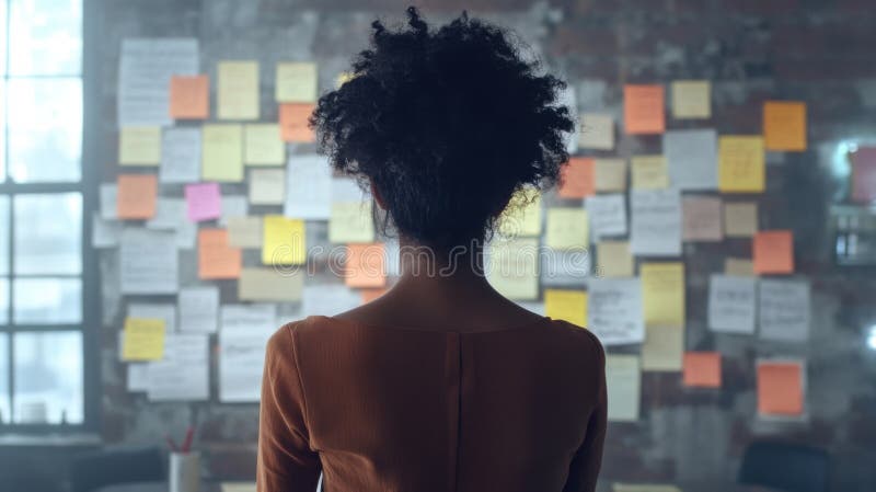 A Woman Standing in Front of a Wall Covered with Post it Notes Stock ...