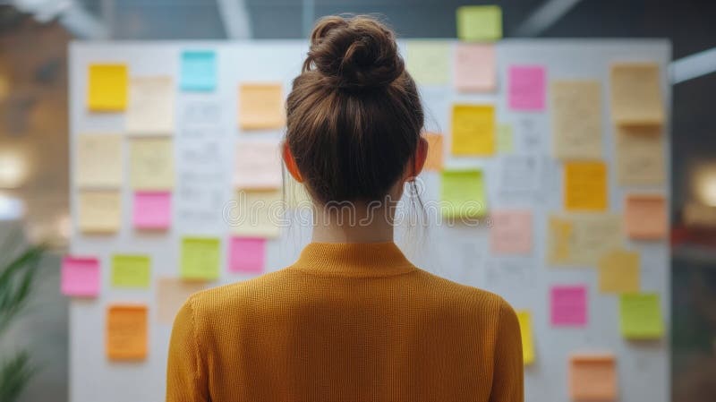 A Woman Standing in Front of a Wall Covered in Post it Notes Stock ...