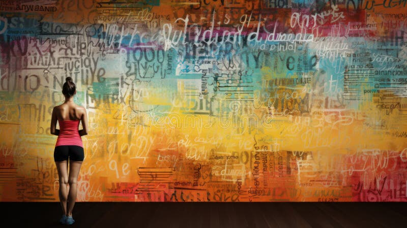 A Woman Standing in Front of a Wall Covered with Writing, AI Stock ...