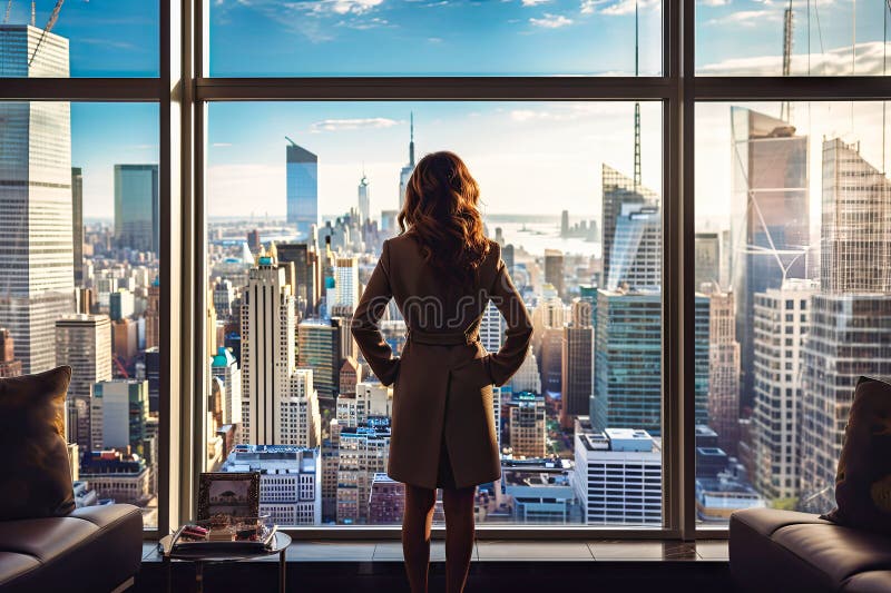Woman Standing in Front of Window, Looking Out at City Stock Photo ...
