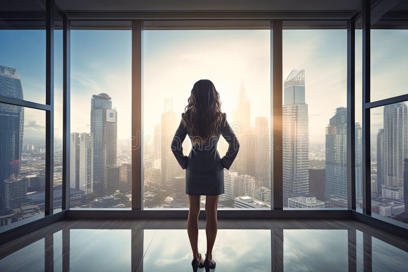 Woman Standing in Front of Window, Looking Out at City Stock Image ...