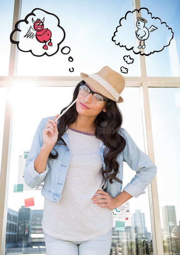 Woman Standing between the Good and Bad Conscience Stock Illustration ...